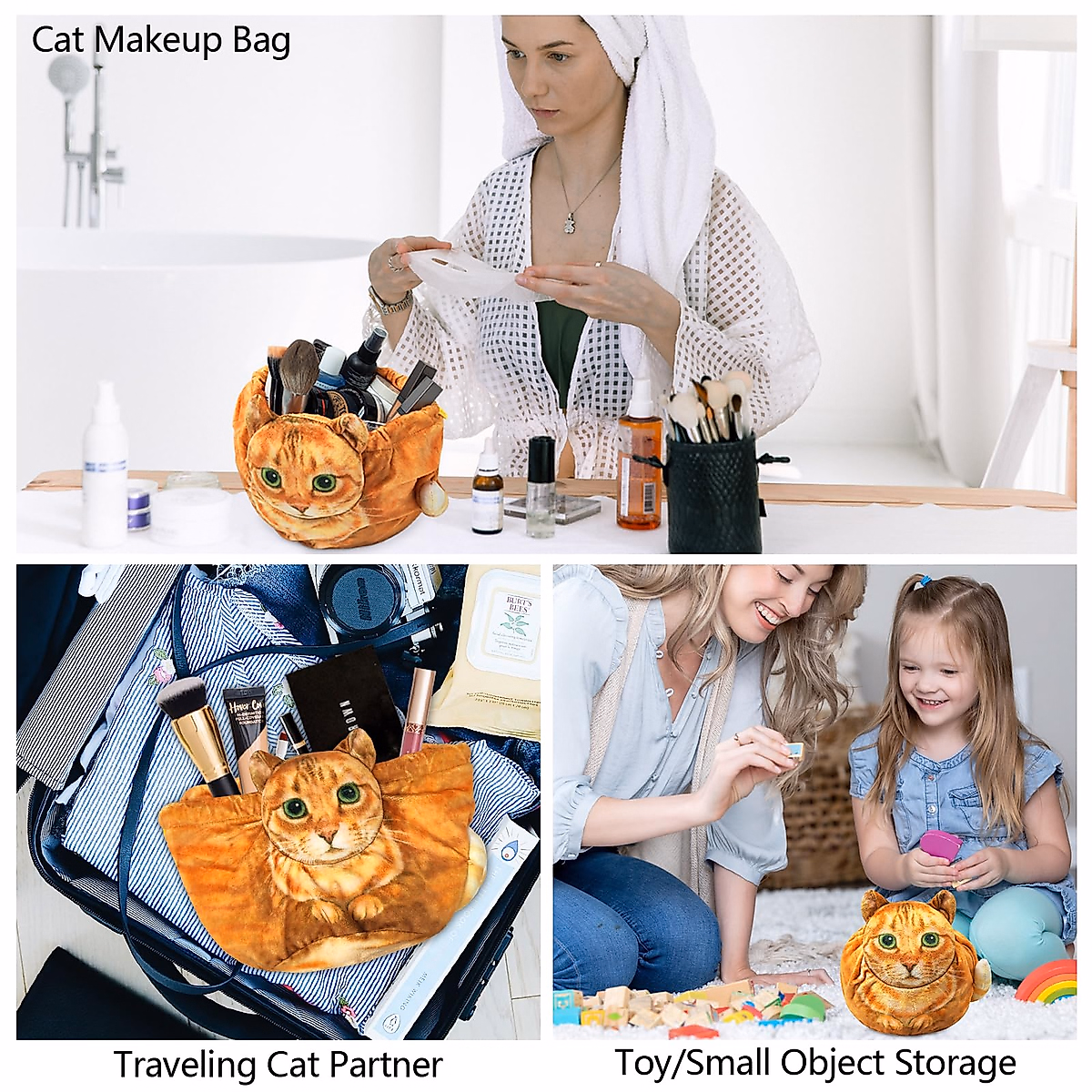 Openhahaha Drawstring Makeup Bag, Cat Makeup Bag, Travel Makeup Organizer, Cosmetic Pouch Bag, Cat Gift for Women, Lay Flat Makeup Bag Gifts for Cat Lovers