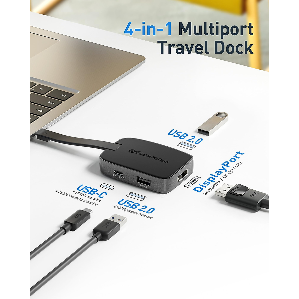 Cable Matters 4K@240Hz USB C Hub DisplayPort 1.4 with 100W Charging, Support 8K@60Hz, HDR(Foldable USB C to DisplayPort Hub) Compatible with Thunderbolt 4, MacBook Pro, XPS, iPad Pro, iPhone 16/15 Pro