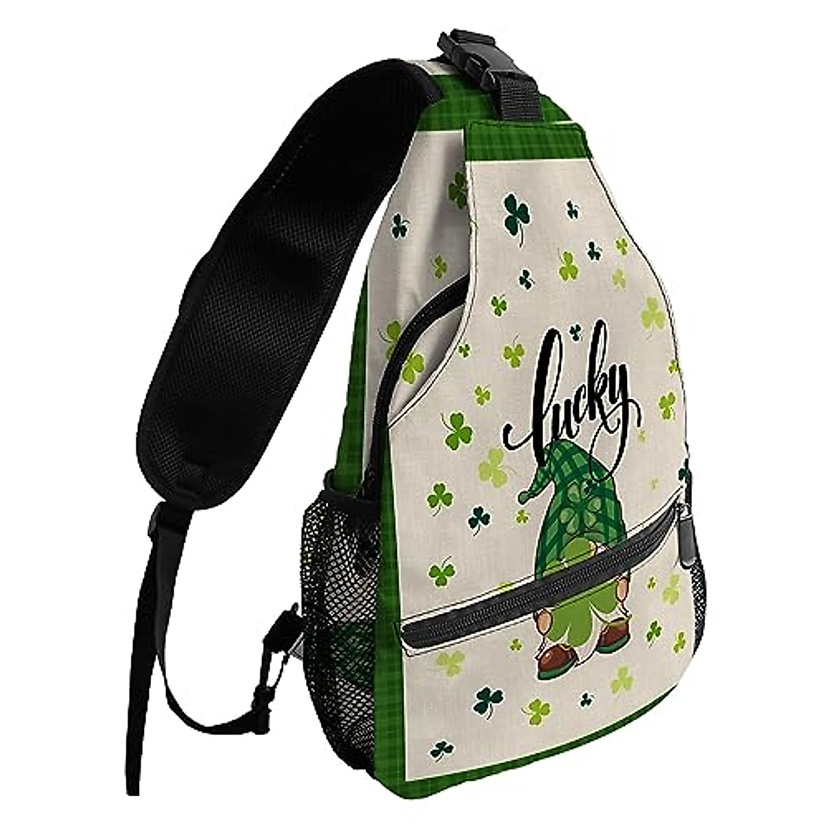 Sling Backpack, St. Patrick's Day Gnome Shamrock Green Plaid Waterproof Lightweight Small Sling Bag, Travel Chest Bag Crossbody Shoulder Bag Hiking Daypack for Women Men
