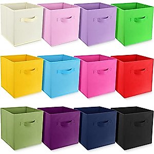 12 Pack 11 Inch Cube Storage Bins Rainbow Collapsible Fabric Storage Bins with Dual Handles Foldable Baskets for Organizing Multi Colored Storage Cubes for Home Nursery Room Toy Organizer