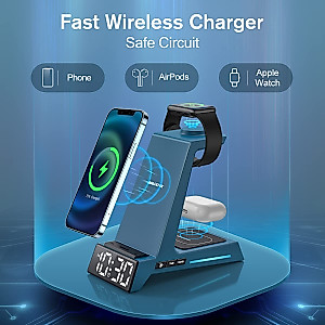 ANJANK Wireless Charging Station for Multiple Devices Apple, 3 in 1 Wireless Charger Stand with Alarm Clock, Charging Dock for iwatch/AirPods/iPhone 14/13/12/11/Pro/Max/XR/XS/8 Plus/Samsung Phone