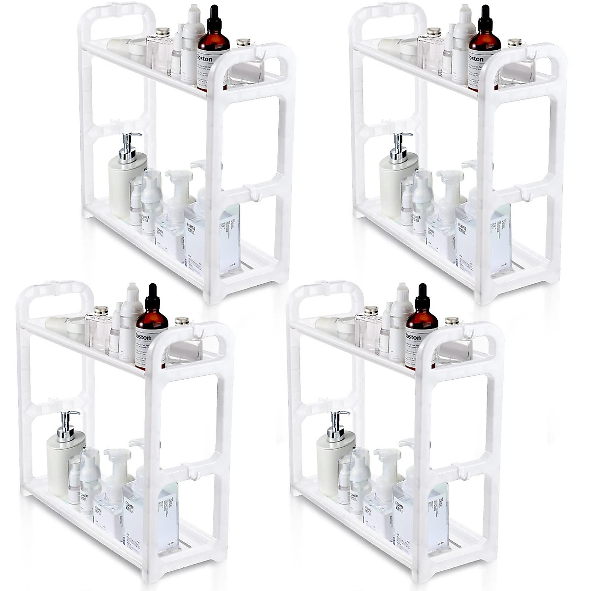 4 Pcs Under Sink Organizer and Storage 2 Tier Bathroom Cabinet Organizer Plastic Standing Rack Multi Purpose Kitchen Countertop Organizer Collection Baskets with Handle Hook for Cabinet Laundry, White