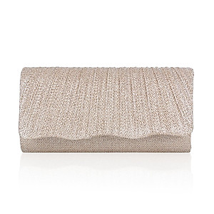 Damara Women Wave Hem Shining Pleated Snao Wedding Clutch,Champagne