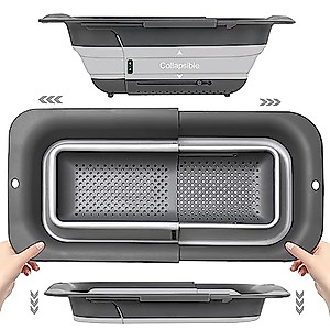 ROTTOGOON Collapsible Colander Strainer, Expandable Over the Sink Colander for Kitchen, Adjustable Silicone Sink Strainer, Foldable Large Colander Basket to Wash Vegetable, Fruit, 15" to 19.8", Gray