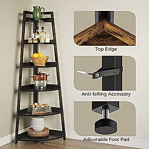 Rolanstar Corner Shelf, 6 Tier Modern Corner Bookshelf Industrial Corner Ladder Shelf Plant Stand for Display Rack for Living Room, Home Office, Bathroom, Small Space, Black