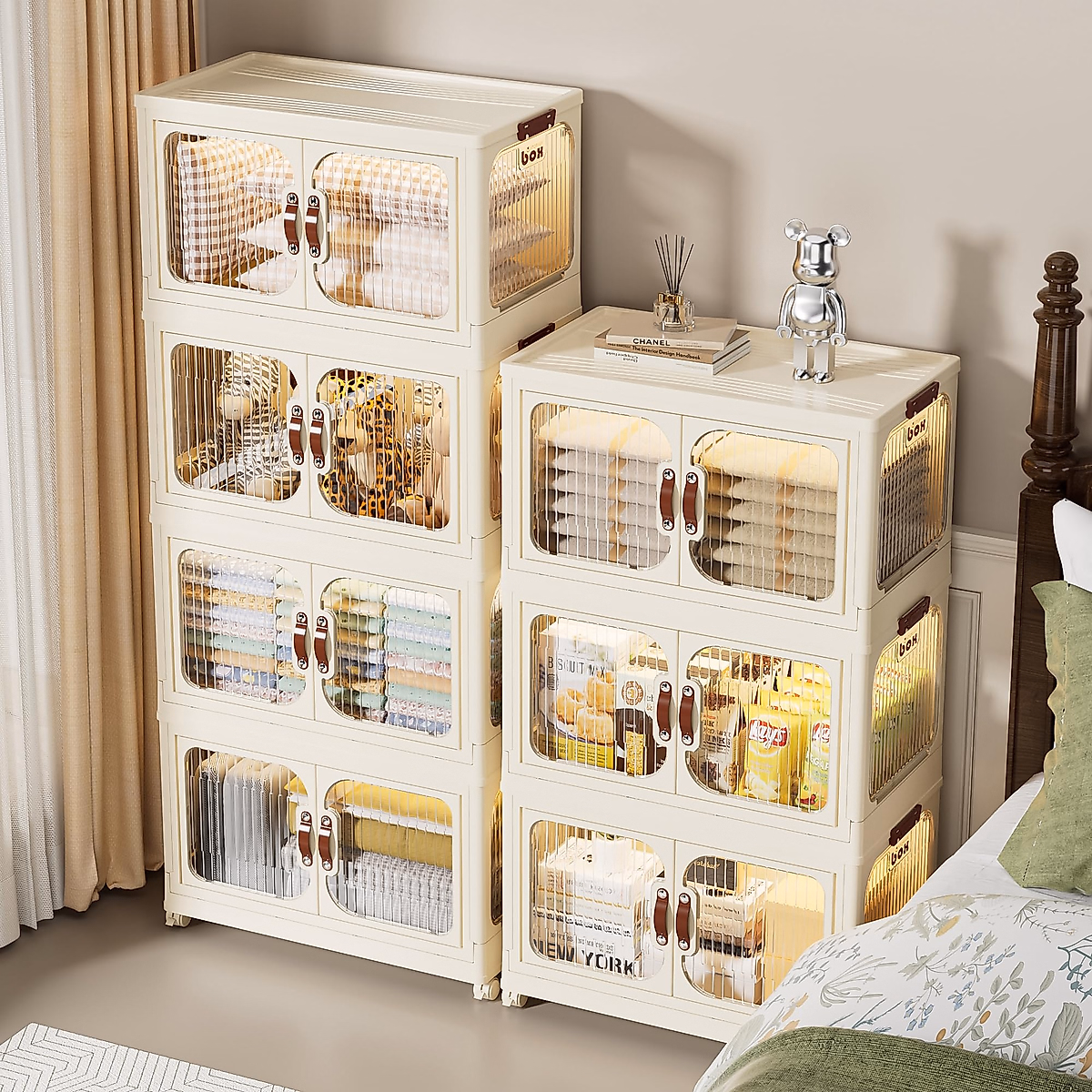 UFORU 3 Tier 84QT/21Gal Stackable Plastic Storage Cabinet Bins with Lids and Wheels, Collapsible Storage Cabinet, Storage Organizer, Folding Storage Box with Doors for Home, Office, Closets