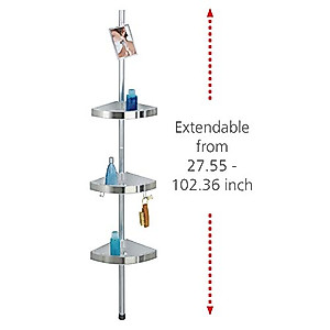 WENKO Telescopic Shower Corner Element Premium 3 Shelves, 2 Hooks and Mirror