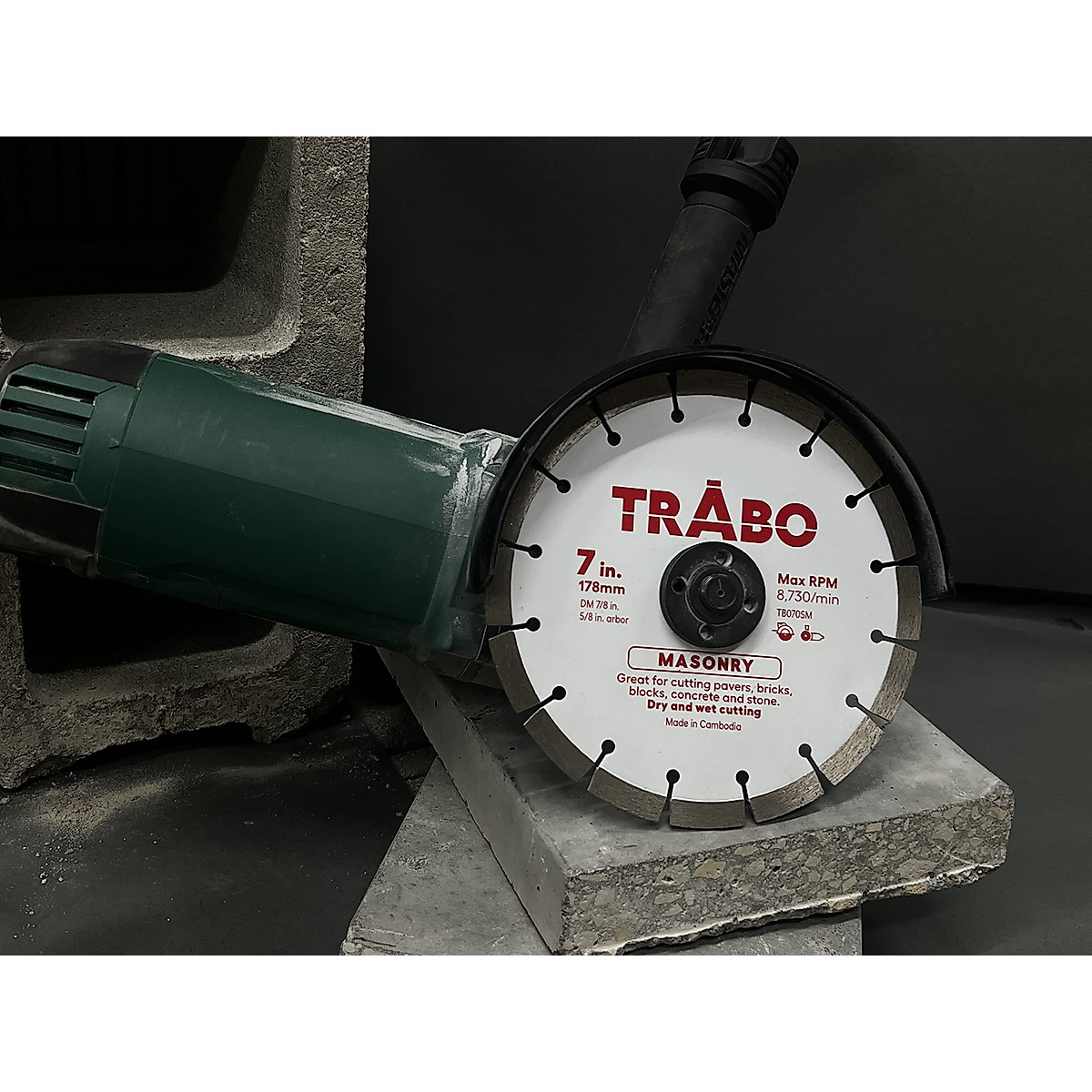 Trabo 7 Inch Masonry Segmented Rim Diamond Bond Blade for Cutting Cement, Pavers, Concrete with Rebar, Natural Stone and More, with 7/8 Inch Arbor with 5/8 Inch Reducer Ring