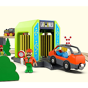 Wooden Train Accessories Car Washer for Railroad Train Track, Train Toys Accessory Compatible with All Major Brands of Train Set System, Railway Tracks Station for Kids Ages 3 and Up.