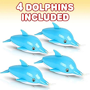 ArtCreativity Pullback String Dolphin Bath Tub Toys for Kids, Set of 4, Swimming Dolphin Water Toys for Bathtub, Pool, and Lake Fun, Adorable Aquarium Birthday Party Favors for Boys and Girls