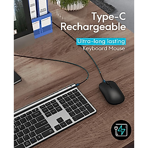 Wireless Keyboard and Mouse Combo, CHESONA Bluetooth Rechargeable Full Size Mulit-Device (Bluetooth 5.0+3.0+2.4G) Wireless Keyboard Mouse Combo for Mac OS/iOS/Windows/Android (Silver Black)