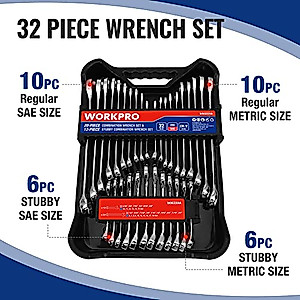 WORKPRO 32-Piece SAE & Metric Combination Wrench Set, 12 PT Regular and Stubby Wrenches set with Organizer Tray, Cr-V Steel Mirror Chrome Polished