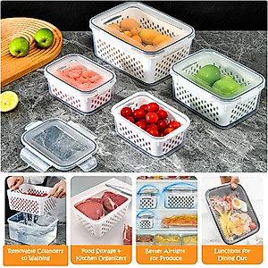 Midgod 3 Pack Fruit Storage Containers for Fridge, Leakproof Fruit Containers For Fridge with Removable Colanders/Basket, 2 in 1 Produce Containers with Lid for Salad Berry Vegetables Meat Keeper