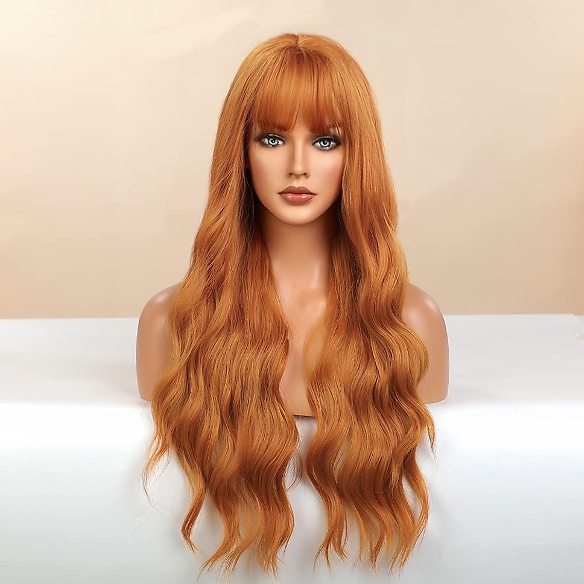 FORCUTEU Ginger Wig with Bangs Orange Wigs for Women Long Orange Wig Ginger Wavy Wigs 26 Inch Heat Resistant Wigs for Daily Party Use Halloween(Ginger Orange)