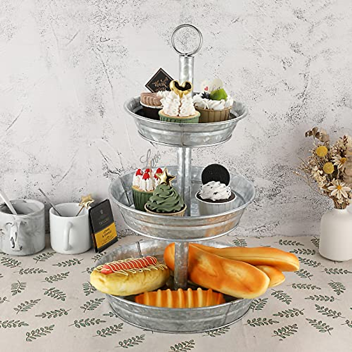 ELLDOO 3 Tier Serving Tray, Farmhouse Metal Tiered Galvanized Serving Tray Stand for Kitchen Dining Party and Wedding Decor, Rustic Home Organizer Tray for Storage Cupcake Dessert Fruit