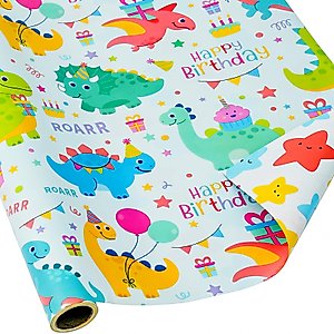 U'COVER Dinosaur Wrapping Paper Rolls Happy Birthday Gift Wrapping Paper Roll for Kids Boys Girls Baby Reversible Gift Wrap Dinosaur Star for Bday Party (DINOSAUR)