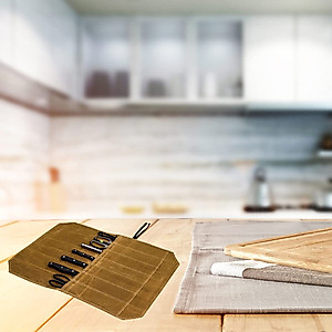 Knife Storage Bags and Rolls, Waxed Canvas Chefs Knife Carrier Holder, Cooking Knives and Utensils Wrap Bag, 7 Pockets Portable Protector Case for Kitchen Tools (Khaki)