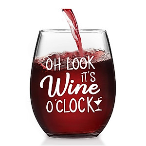 Futtumy Oh Look It's Wine O’clock Stemless Wine Glass, Wine Gifts for Women Men Friends Her Him Coworkers Wine Lovers Congratulation Birthday Christmas, 15Oz Wine Glass with Funny Words