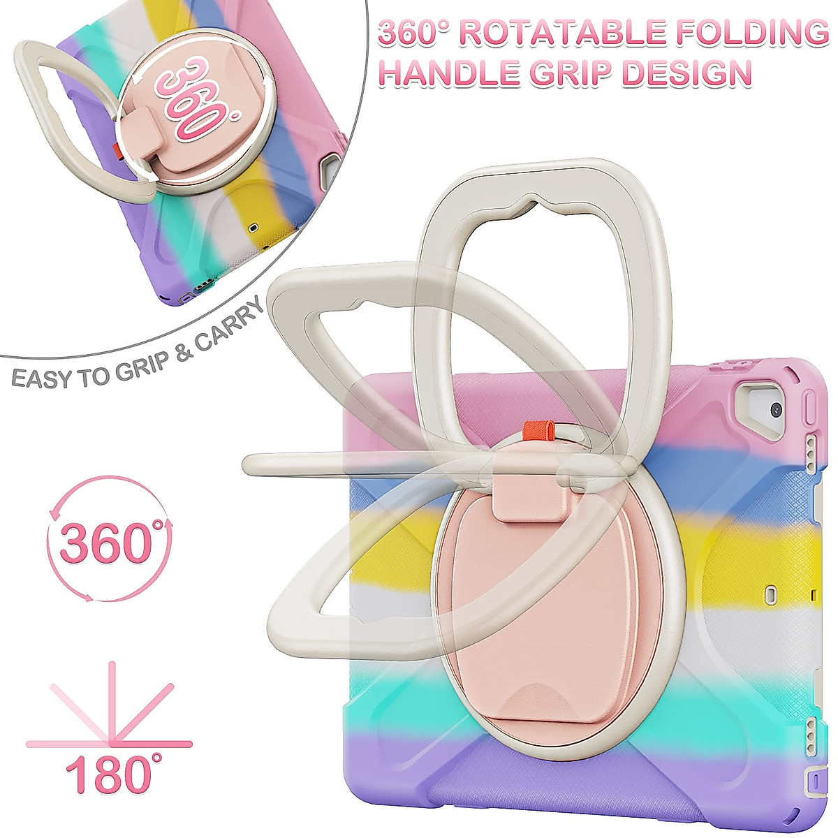 BATYUE Case for iPad 6th Generation 9.7 inch 2018, iPad 5th Gen 2017, iPad Air 2/ iPad Pro 9.7'',Shockproof Protective Cover with Pencil Holder &Rotating Bracket &Shoulder Strap (Colourful Pink)