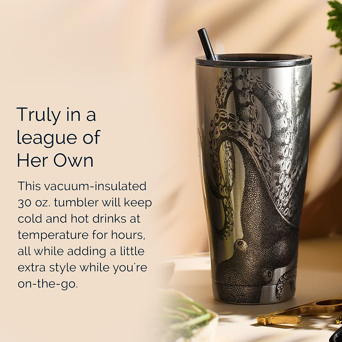 Caskata Lucy the Octopus Stainless Steel Insulated Tumbler | Cup, Lid & Straw Set for Travel, Commuting, & School | Perfect for Birthday, Christmas & Holiday Gifts | Black on Chrome Color | 30 oz