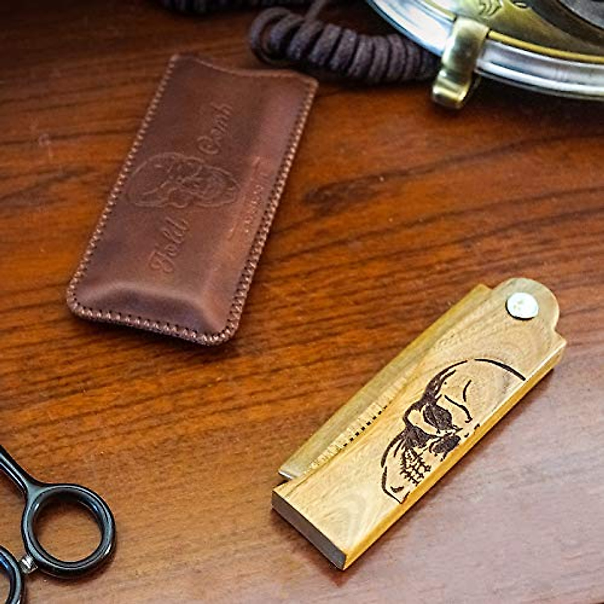 Menesia Men's Pocket Comb,Folding Wooden Beard Comb with Leather Travel Case,Green Sandalwood Hair Combs Set for Men(Skeleton)