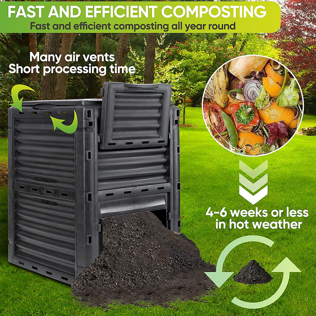 HomGarden 80 Gallon (300 L) Compost Bin from BPA Free Material, Easy Assemble Lightweight & Large Capacity, Outdoor Garden Compost Box, Fast Creation of Fertile Soil, Black