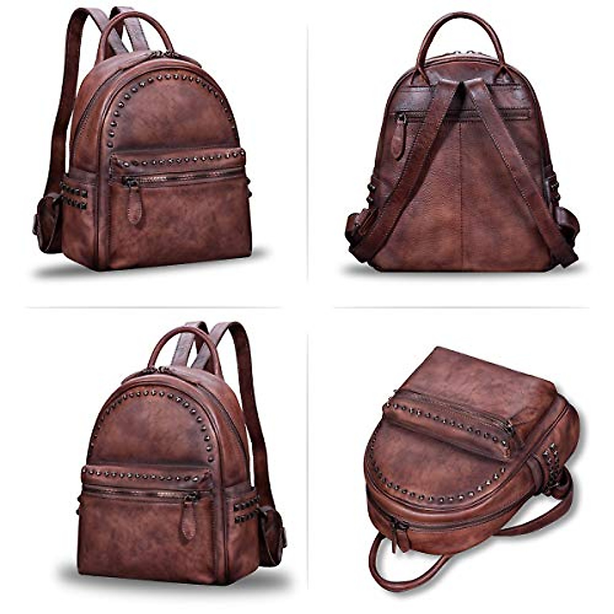 Genuine Leather Backpack for Women Vintage Fashion Bookbag Handmade Casual Satchel (Coffee) Medium