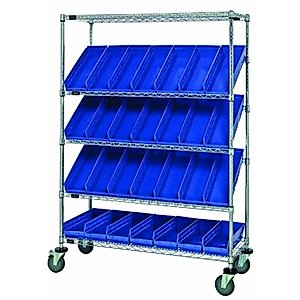 Quantum Storage Systems WRCSL5-63-1848-104BL 5-Tier Slanted Wire Shelving Suture Cart with 28 QSB104 Blue Economy Shelf Bins, 2 Horizontal and 3 Slanted Shelves, Chrome Finish, 69" Height x 48" Width x 18" Depth