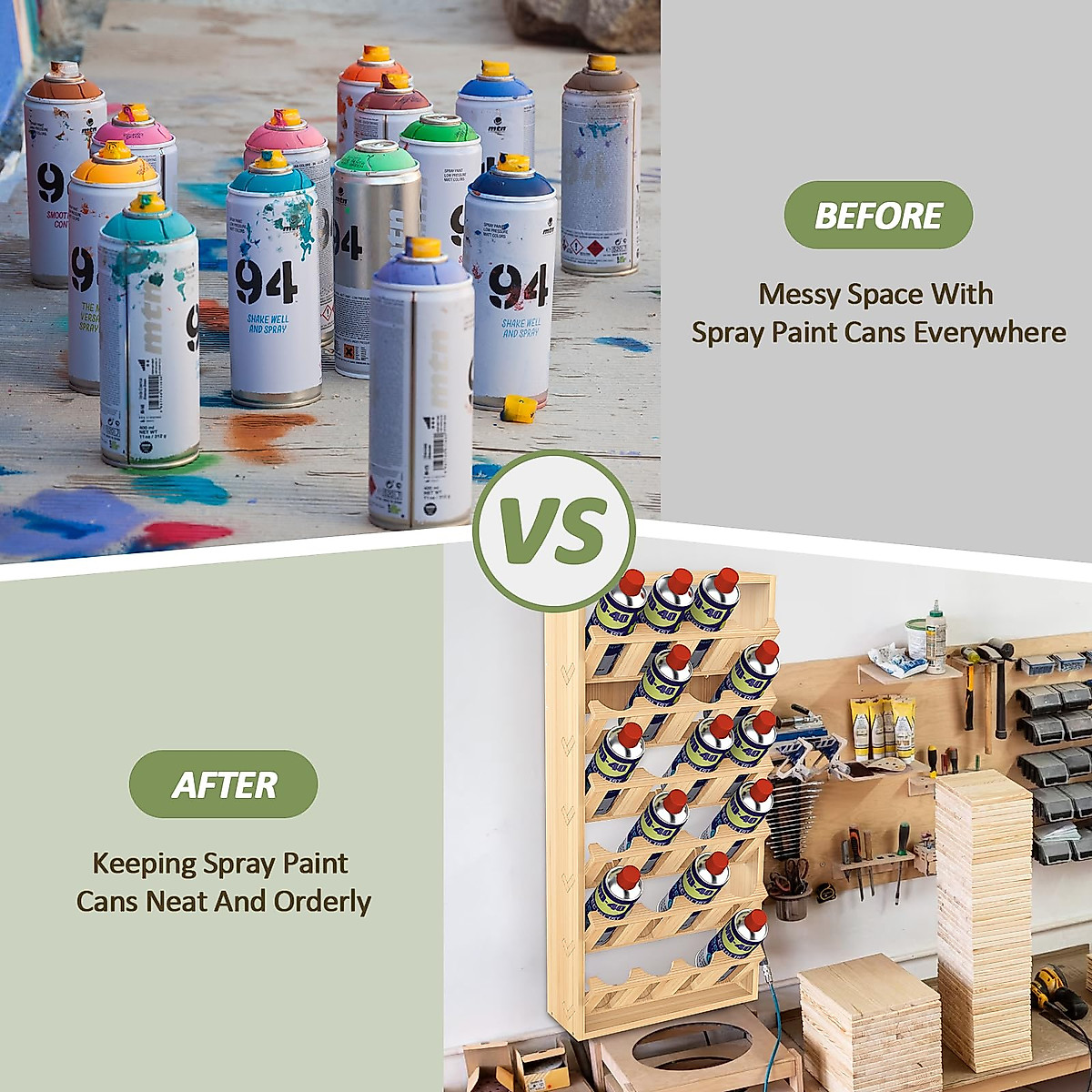 jxgzyy 6 Tier 24 Can Spray Paint or Lube Can Wall Mount Storage Holder Rack Lube Holder Organization Storage Rack Wood Shelf Case Organizer, 14.2" L x 5" W x 30" H