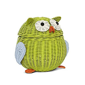 G6 COLLECTION Owl Rattan Storage Basket With Lid Decorative Bin Home Decor Hand Woven Shelf Organizer Cute Handmade Handcrafted Nursery Gift Animal Decoration Artwork Wicker Hoot Owl (Large, Green)