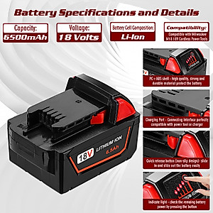 HUSUE 6.5Ah 18V Replacement Battery for Milwaukee M18 Battery, Lithium Battery Compatible with Milwaukee M18 18V 48-11-1815, 48-11-1820, 48-11-1840, 48-11-1850, 48-11-1860 Cordless Power Tools, 2 Pack