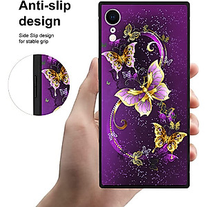 SAKUULO for iPhone XR Case,[Screen Protector + Kickstand] Square Cute Purple Butterfly Print Design Soft TPU Edge Protection Shock Absorption Slim Hard PC Case for iPhone XR 6.1 Inch