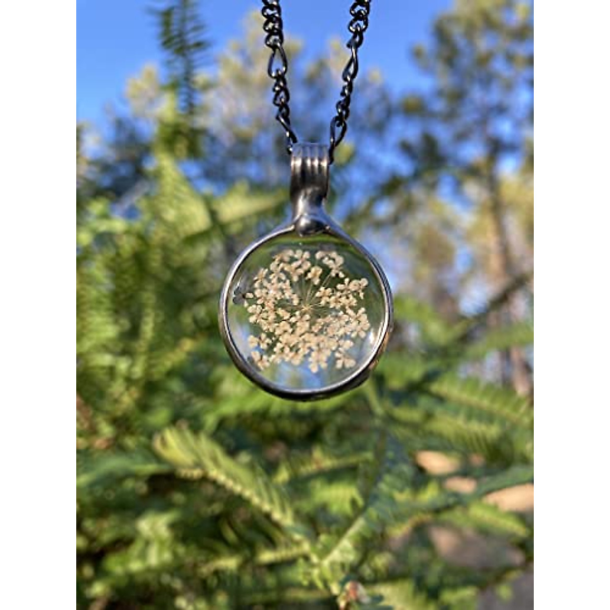Handmade Queen Annes Lace Necklace - Wildflower in Glass Pendant - Artisan Jewelry Gift for Women - Real Pressed Flowers,