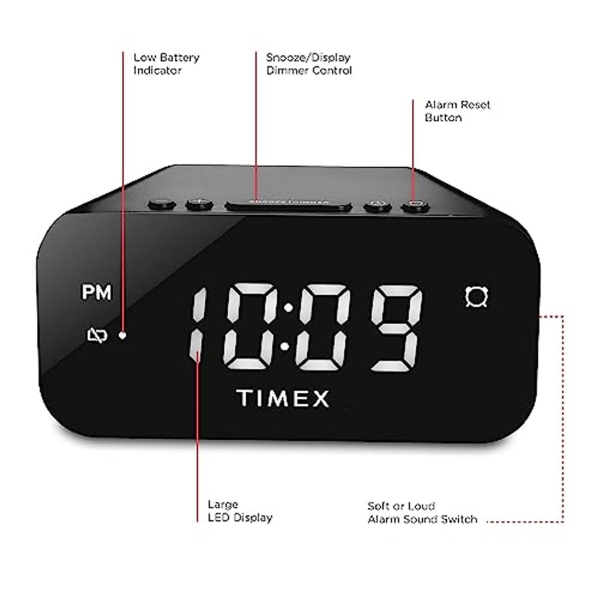 Timex Alarm Clock with Large Display, Digital Alarm Clock for Bedroom Includes 120V Universal Power Adapter (T121B - Black)