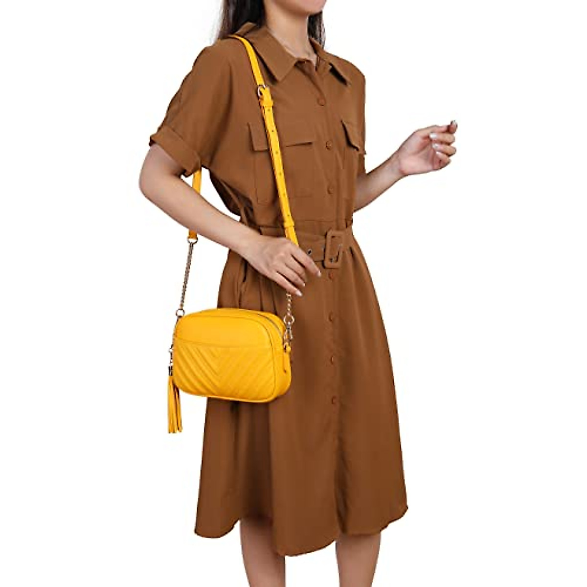 lola mae Quilted Crossbody Bag, Trendy Design Shoulder Purse (Mustard)