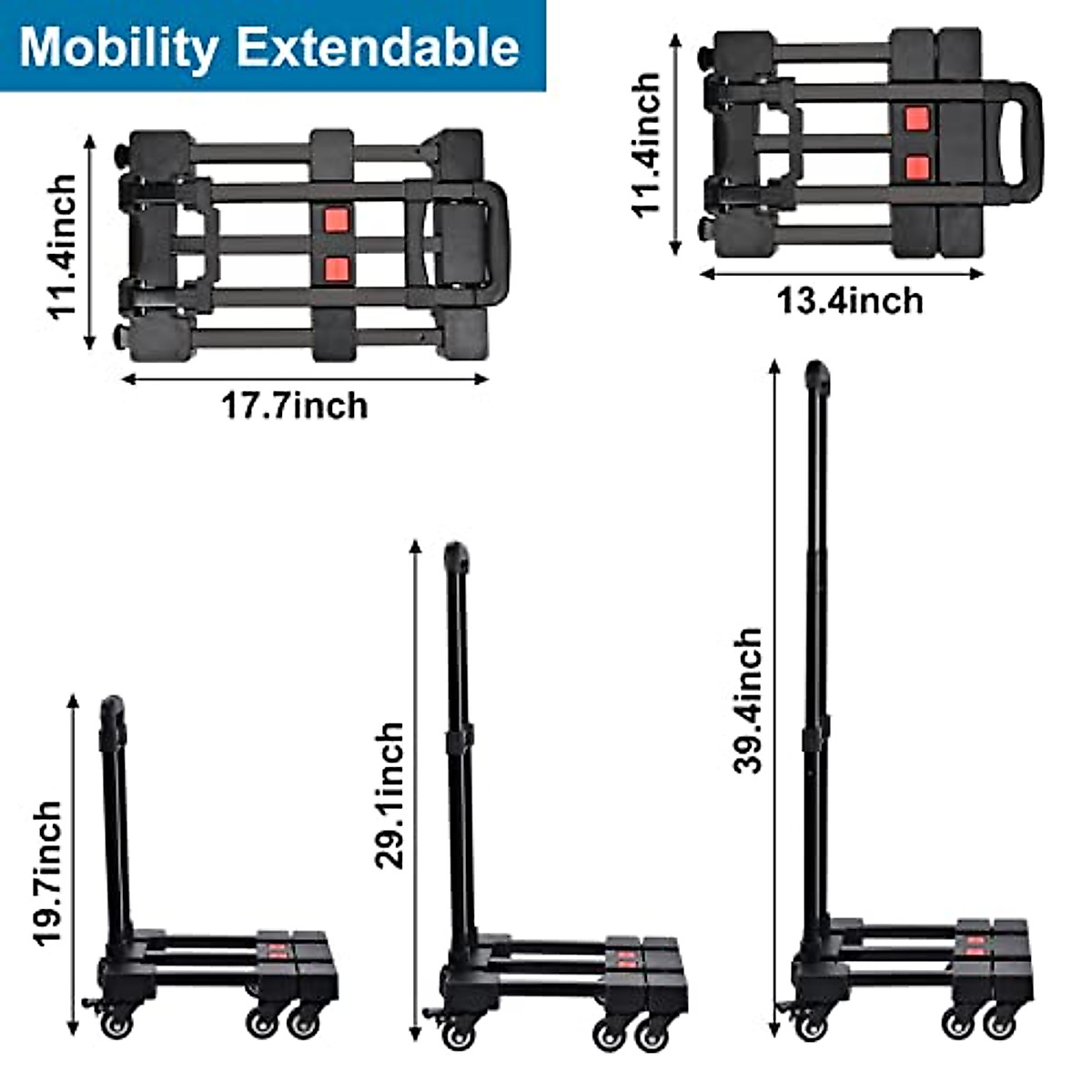 Luggage Cart RICEEL Folding Hand Truck with 6 x 360 Degree Swivel Wheels,Adjustable Handle,Foldable for Easy Storage,and 3 Elastic Ropes,220lb Weight Capacity for Travel,Moving
