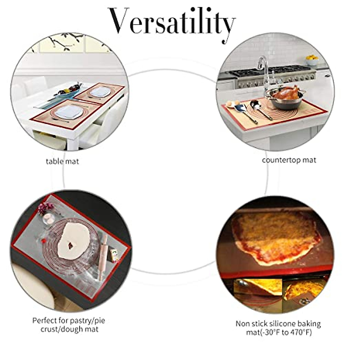Non-slip Silicone Pastry Mat Extra Large with Measurements 36''By 24'' for Silicone Baking Mat, Counter Mat, Dough Rolling Mat,Oven Liner,Fondant/Pie Crust Mat（Red）