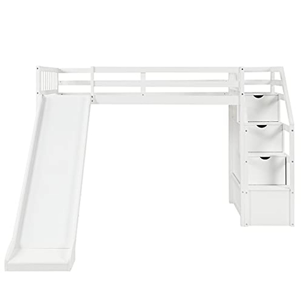 Merax Twin Size Loft Bed Frames with Silde, Staircase and Safety Guardrails No Box Spring Needed for Teens, Boys or Girls, White