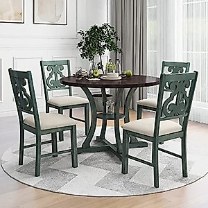 WOZNLA 5-Piece Round Table Set for 4-Special-Shaped Legs, Exquisitely Designed Hollow Chair Back in Dining Room, Antique Blue