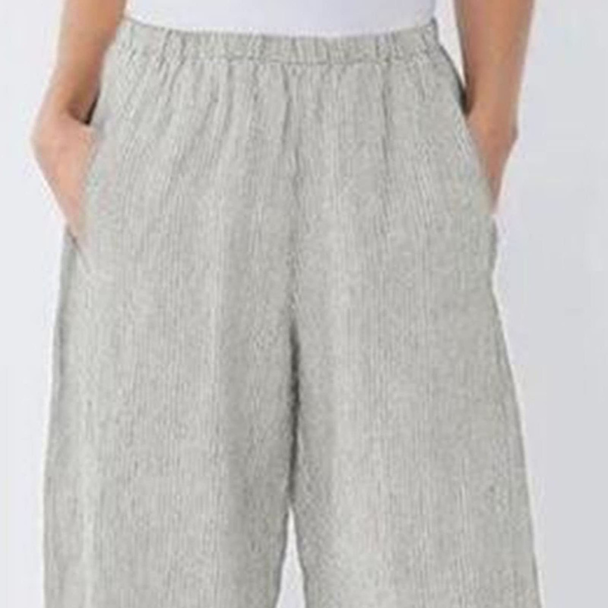 Maiyifu-GJ Women's Printed Linen Wide Leg Pants Summer Elastic Waist Beach Harem Trousers Lightweight Cropped Bottoms Pants (Light Grey,4X-Large)
