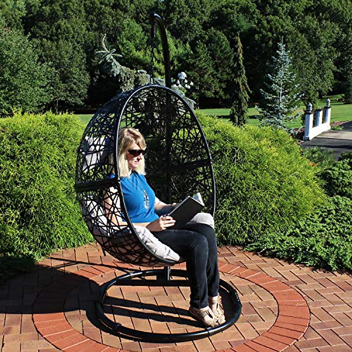 Sunnydaze Jackson Hanging Egg Chair with Steel Stand Set - All-Weather Construction - Resin Wicker Porch Chair - Large Basket Design - Outdoor Lounging Chair - Includes Gray Cushions