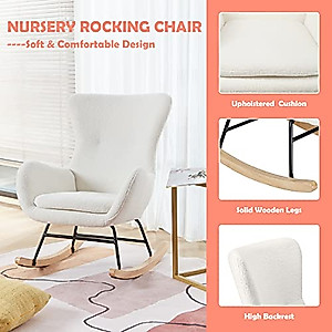 PrimeZone Comfy Rocking Chair for Nursery - Glider Chair with High Backrest, Armrests & Upholstered Pad, Bedroom Nursery Rocker Chair for Baby & Kids, Ivory White