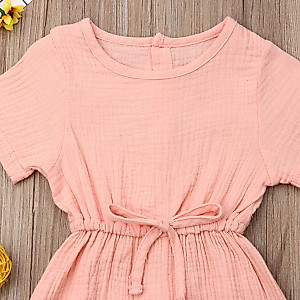 Mubineo Toddler Baby Girl Summer Fall Basic Plain Short Sleeve Cotton Linen Drawstring Romper Jumpsuit (Peach Pink, 2-3T)