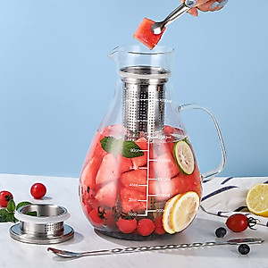 Glass Pitcher - 105.6oz Fruit Infuser Water Pitcher with Removable Lid and Precise Scale Line , 18/8 Stainless Steel Iced Tea Pitcher, Easy Clean Heat Resistant Infusion Pitcher for Cold Hot Beverages