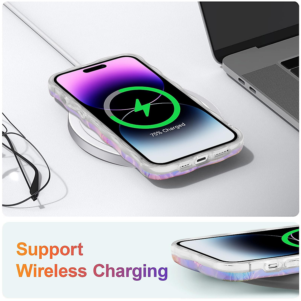 EYZUTAK Case for iPhone 14 Pro Max, Colorful Retro Oil Painting Printed Flower Laser Glossy Pattern Cute Curly Wave Edge Exquisite Stylish Durable TPU Protective Phone Cover for Girls Women-Green