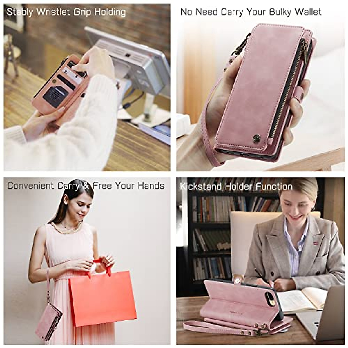 Defencase for iPhone 8 Plus Case, iPhone 7 Plus Case, iPhone 8 Plus Wallet Case for Women Men, Durable Leather Strap Zipper Card Holder Wallet Phone Case for iPhone 7 Plus & iPhone 8 Plus, Rose Pink