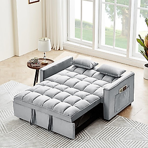 55 Inch Velvet Convertible Sleeper Sofa Bed, 3 in 1 Futon Sofa Couch with Pull-out Bed, Modern Love Seat Sleeper with Adjustable Backrest, 2 Pillows and Side Pockets for Living Room (Velvet Gray)