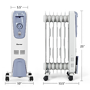 COSTWAY Oil Filled Radiator Heater, 1500W Portable Space Heater with Adjustable Thermostat, 3 Heat Settings, Overheat and Tip-Over Protection, Electric Oil Heater for Living Room Bedroom, Indoor Use