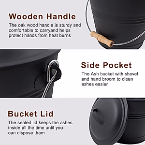 Poofzy Ash Bucket with Lid and Shovel, 1.3 Gallon Fireplace Bucket for Ashes, includes Hand Broom and Gloves for Fire Pit, Wood Burning Stove and Grill