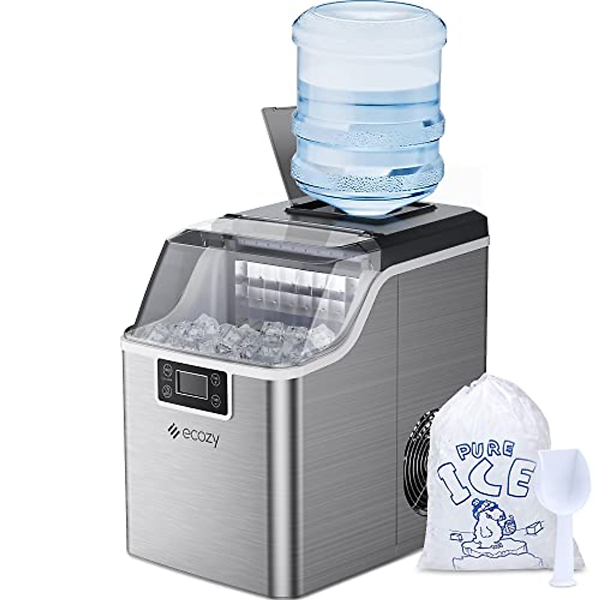 ecozy Portable Ice Makers Countertop, 44lbs Per Day, 24 Cubes Ready in 13 Mins, 2 Ways to Add Water, Self-Cleaning Ice Maker with Ice Bags/Ice Scoop/Ice Basket for Home Office Bar Party, Silver